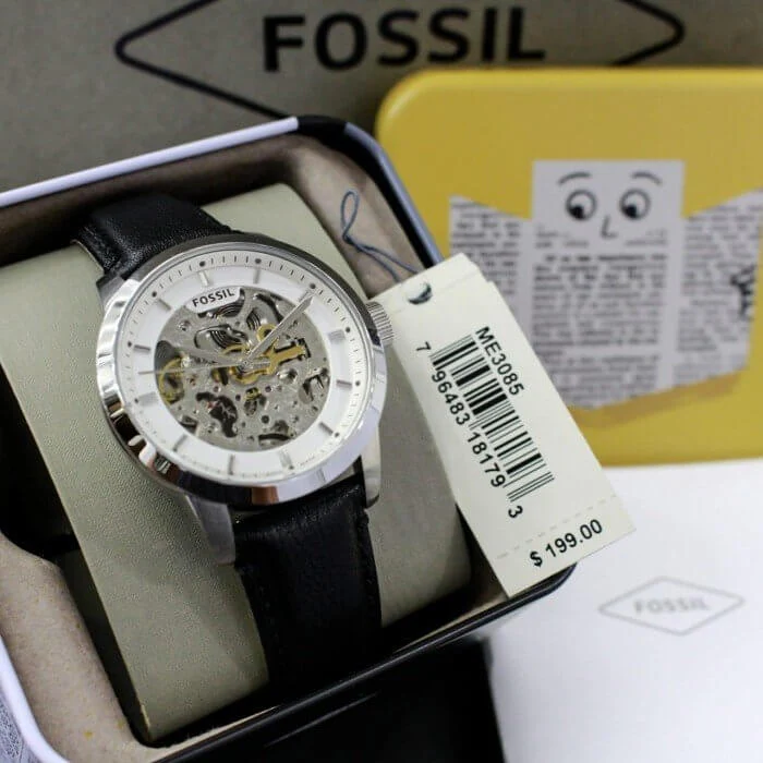 Fossil Townsman Automatic Skeleton White Dial Black Leather Strap Watc ...