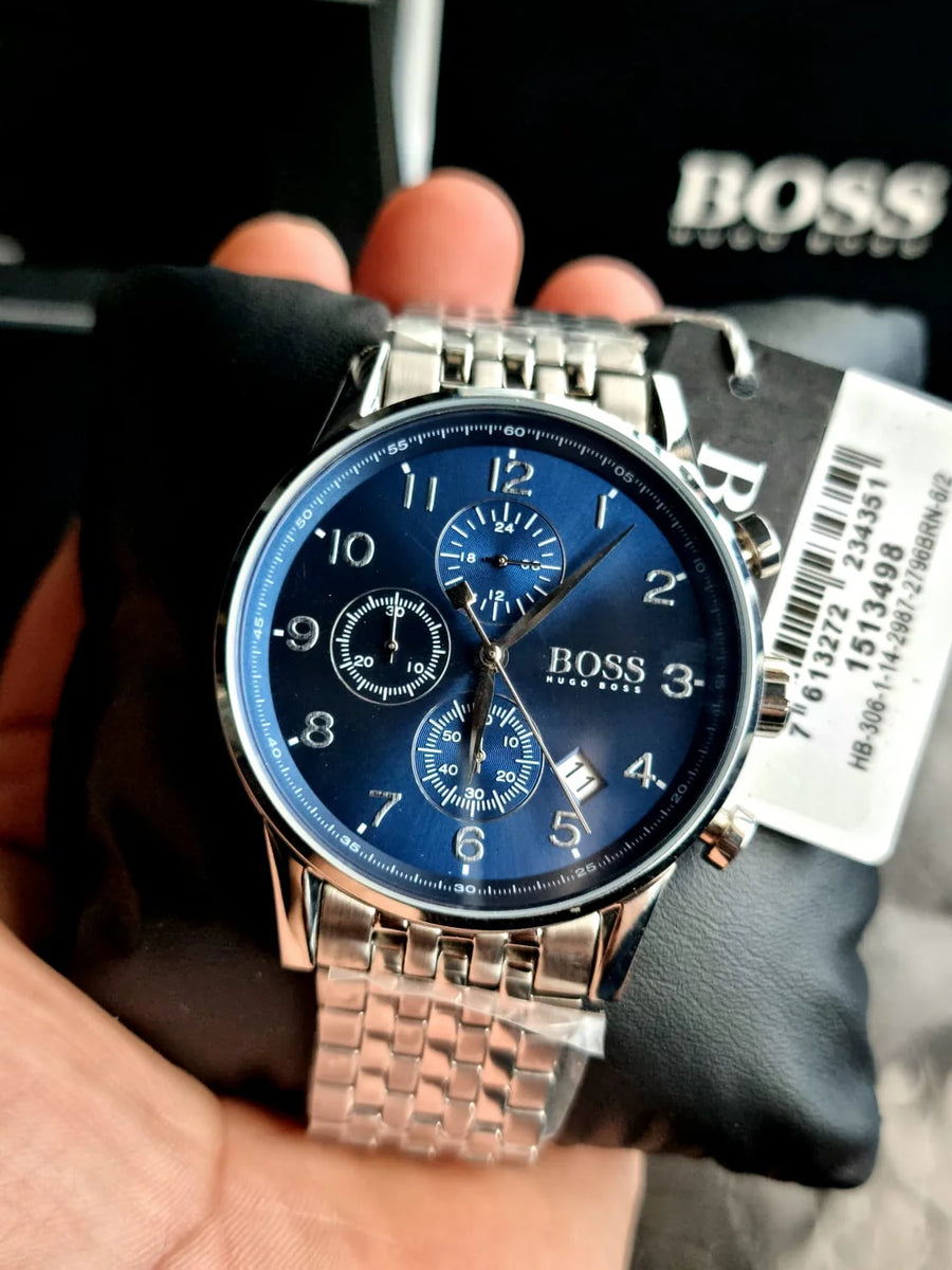 Hugo Boss Navigator Chronograph Blue Dial Silver Steel Strap Watch for ...
